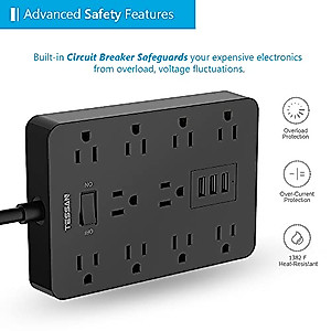 Surge Protector Extension Cord 10 Ft Black, TESSAN Flat Plug Power Strip with 10 Wide-Spaced AC Outlets and 3 USB Ports, 1875W/15A, 1700J Protection, Wall Mount Outlet Strip for Home, Office, School