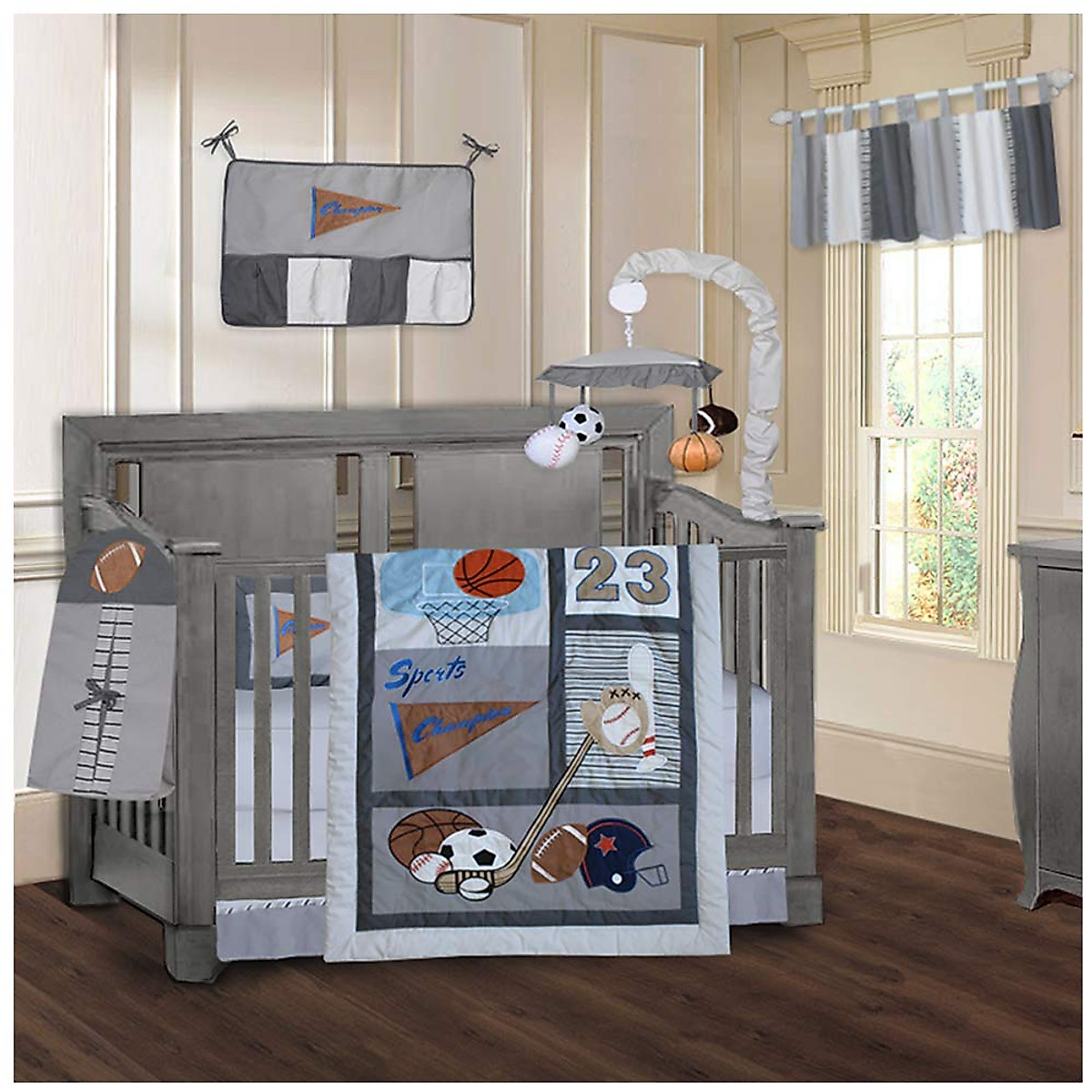 BabyFad Sports Champion Grey Nursery Basketball/Baseball/Football/Hockey/Soccer with Musical Mobile 9 Piece Baby Crib Bedding Set 100% Cotton