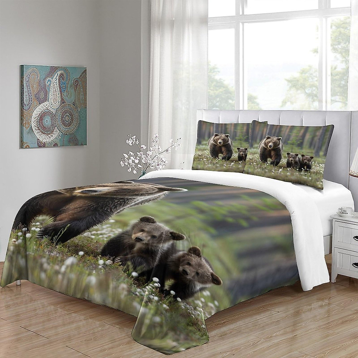 Brown Bear And Two Cubs Comforter Covers 3D Printed Walking in The Taiga Duvet Cover Quilt Cover for Boys Girls with Zipper Closure Soft Microfiber Bedding Set with Pillow Cases 3 Pieces Twin（173x218c