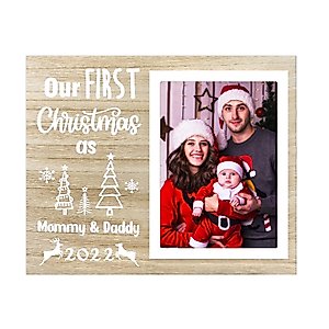 Xunboo Baby 1st Christmas Picture Frame, First Christmas Frame for New Parents, Newborn Family Natural Wood Photo Frame (First Christmas as daddy and mommy)