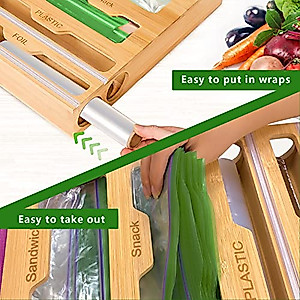 Ziplock Bag Storage Organizer for Kitchen,Aluminum Foil Plastic Wrap Dispenser with Cutter,Real Bamboo 6-in-1 Sandwich Bags Organizer and Lunch Baggie Dispenser,for Drawer,Wall,Pantry etc