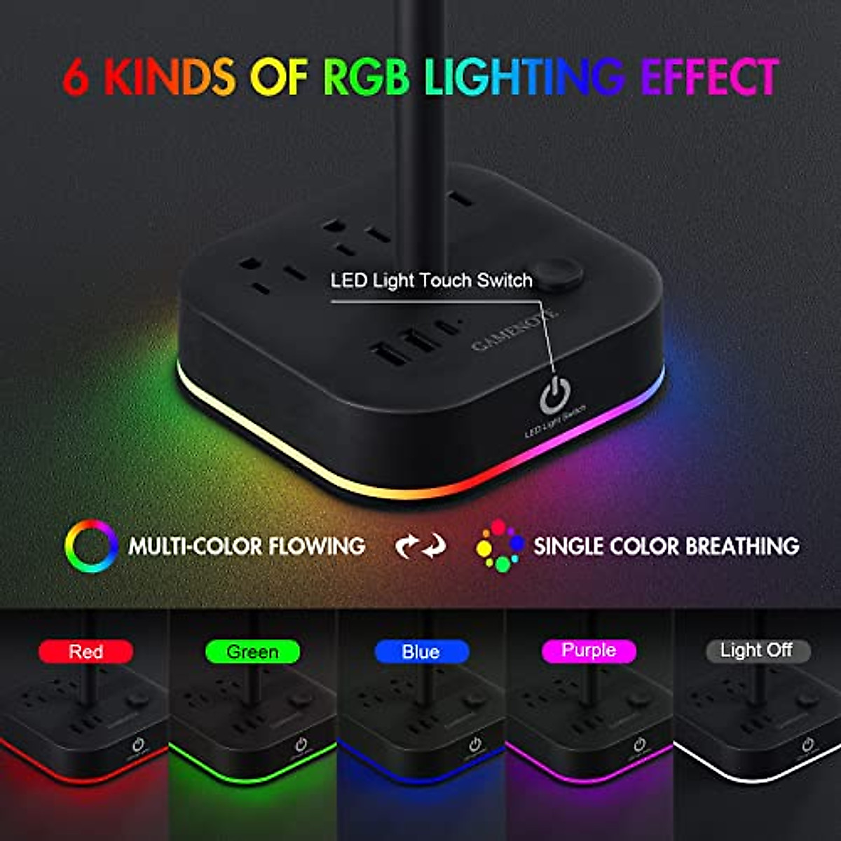 GAMENOTE RGB Headphone Stand & Power Strip 2 in 1 Desk Gaming Headset Holder with 3 USB Charging Ports & 3 Power Outlets Headphones Hanger Accessories for Desktop Gamer