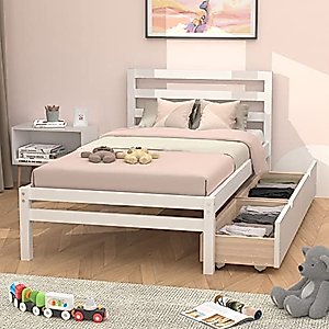 TOLEAD Twin Bed with 2 Drawers, Solid Wood Storage Daybed Frame with Headboard for Kids Teens, Slat Support Platform for Bedroom Living Room, White