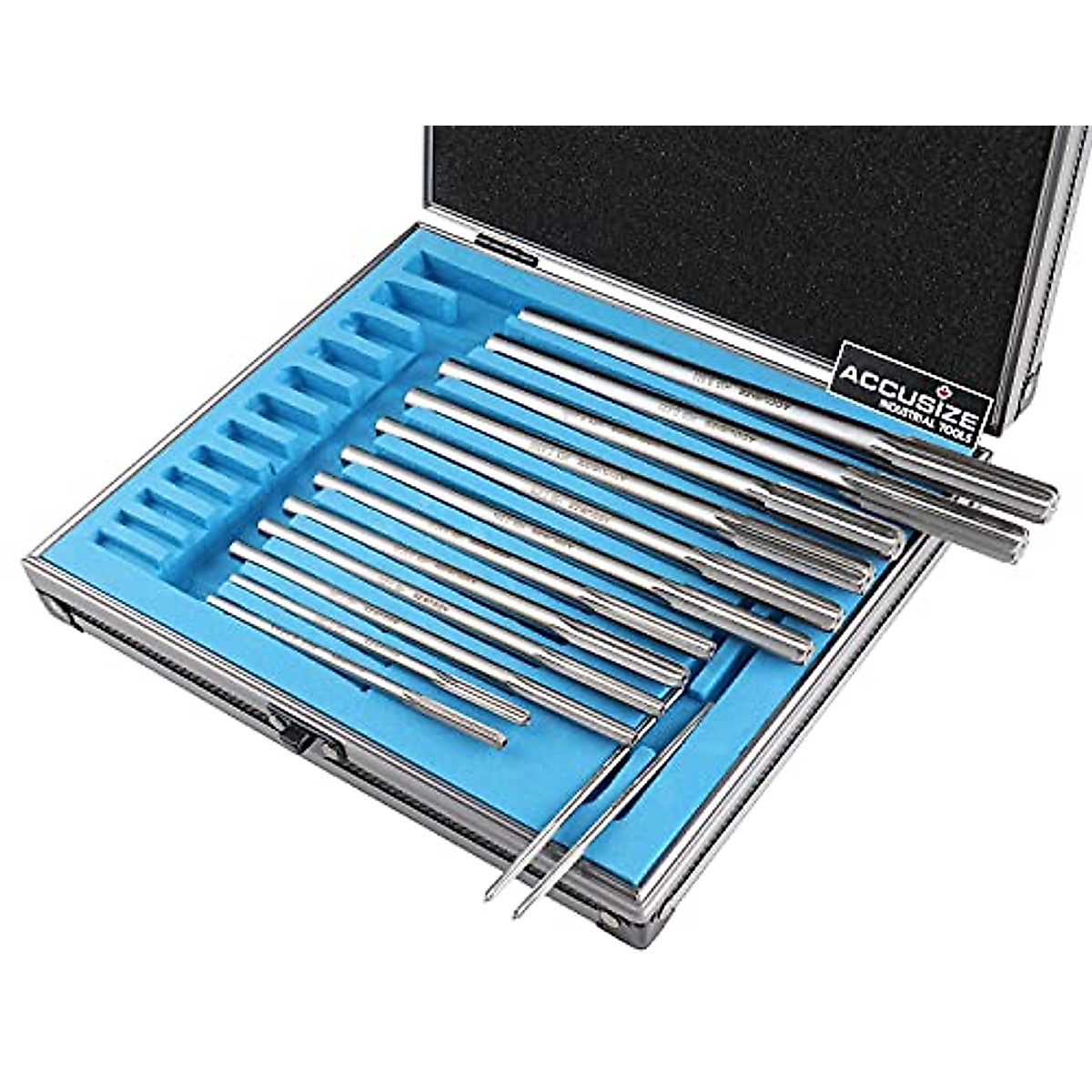 Accusize Industrial Tools Over and Under Sizes 0.1240'' Thru 0.5010'' HSS M2 Premium Chucking Reamer Set, Right Hand Cut, 14pcs/Set, 5528-SX00