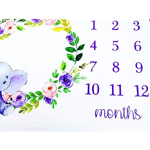 Baby Monthly Milestone Blanket Newborn Girls Purple Flower Elephant Photo Props Shoots Backdrop Personalized Photography Growing Infants Toddlers Swaddle Blanket Includes Wreath Frame