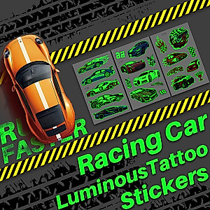 Ukicra Luminous Racing tattoo stickers,12 Sheets Race Car Temporary Tattoos for Kids,Waterproof Glow in The Dark Cartoon Tattoo Stickers Party supplies for Kids Boys Girls