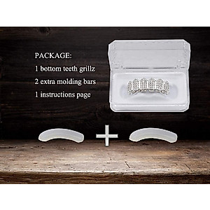 JINAO 18K Gold Plated Iced out CZ Fang Top Bottom Mouth Teeth Grills Set (SILVER BOTTOM)