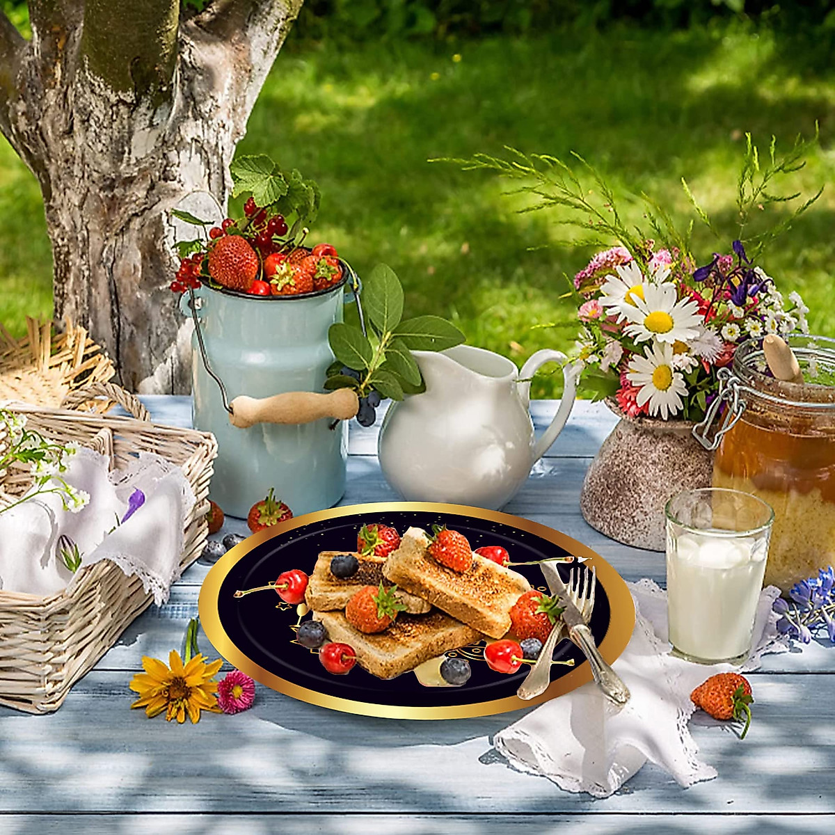 24 Pcs 7" 50th Birthday Paper Plates 50th Birthday Black Gold Party Supplies Disposable Paper Dessert Plates for Men Women Anniversary Birthday Party Decorations