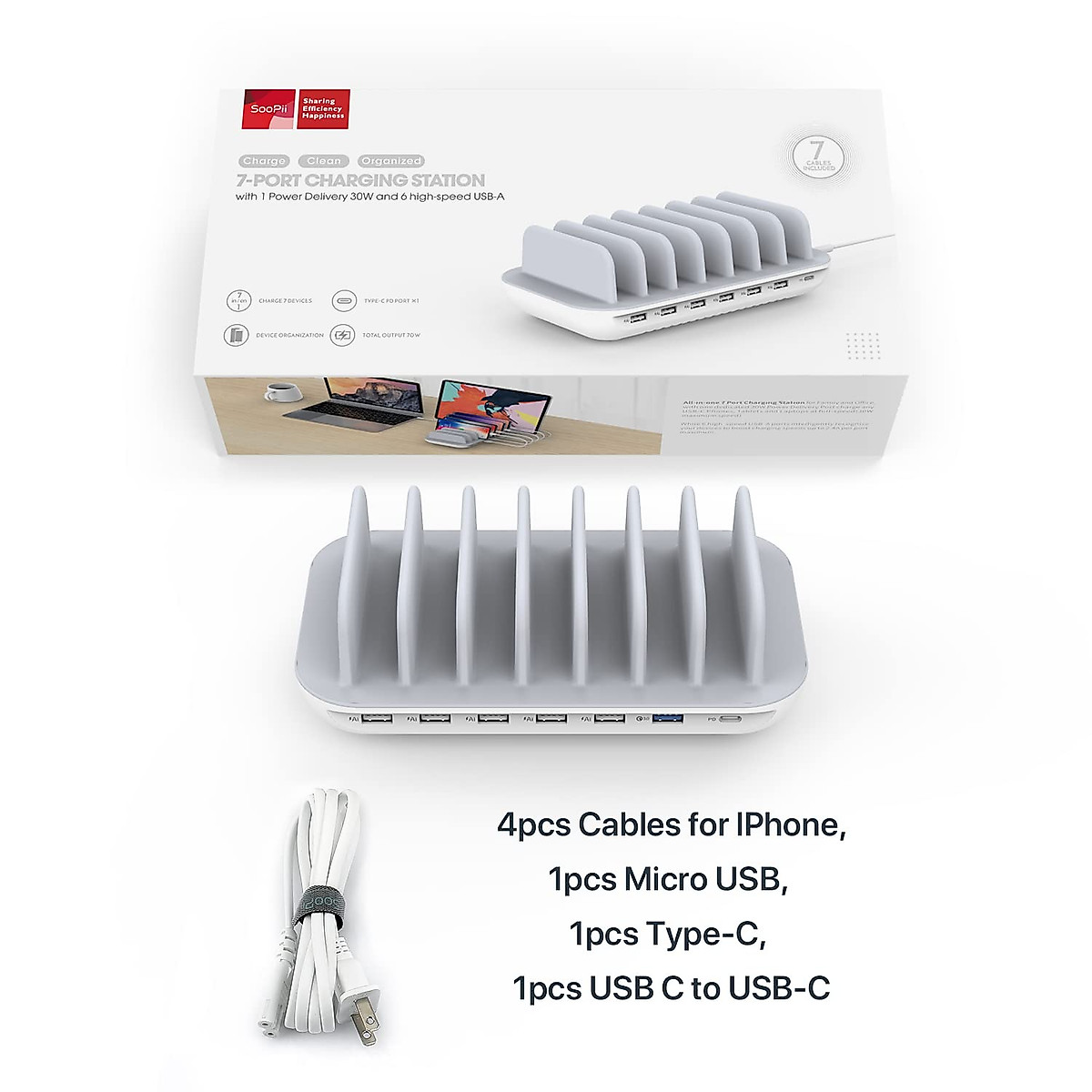 SooPii 70W 7 Port Charging Station for Multiple Devices,Charger Station with One 30W Power Delivery Port for Laptops,and 6 USB Ports for Smart Phones,Tablets,Other Electronics…