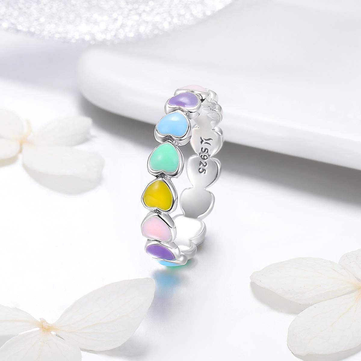 Qings 925 Sterling Silver Endless Love Heart Ring Rainbow Heart Color Heart to Heart Exquisite Fashion Ring as a Gift for Girlfriend