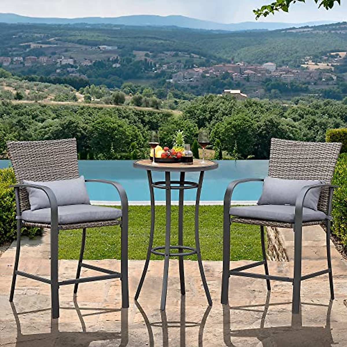 Olmia Outdoor Bar Height Table and Chairs Set of 3, 3PC Outdoor High Top Table and Chairs Set with Gray Cushions and Pillows, Brown Wicker Rattan Bar Height Patio Set with Foot-Rest - Steel Frame