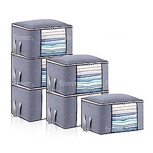 84L Quilted Storage Bags with Clear Window and Handles, Set of 6, Gray