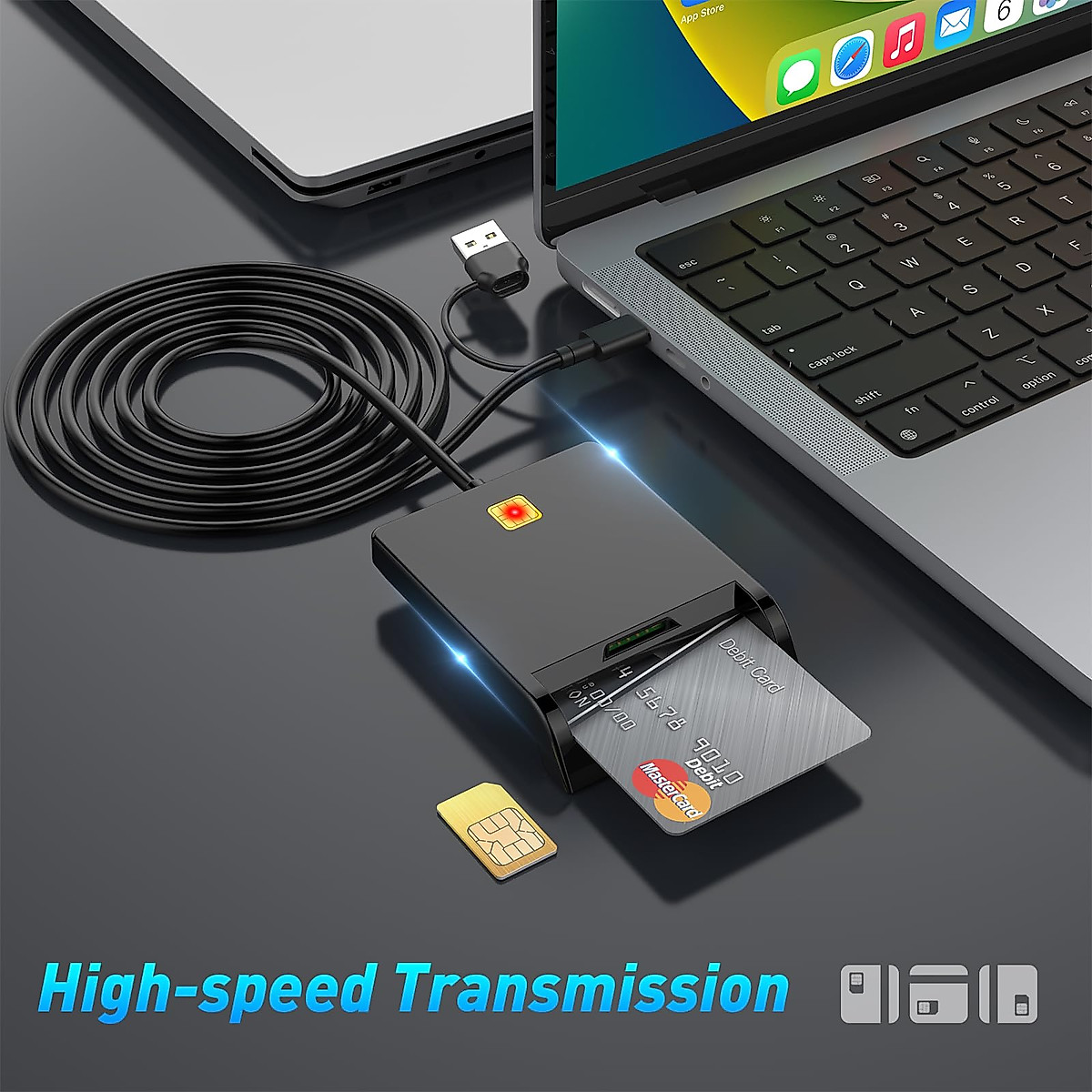 CAC Card Reader Military, USB SIM Card Reader 2 in 2 Smart Card Reader DOD Military USB Common Access CAC, ID/Debit/Credit Card Reader has USB & USB C Port for Windows,Mac OS,Linux,Android