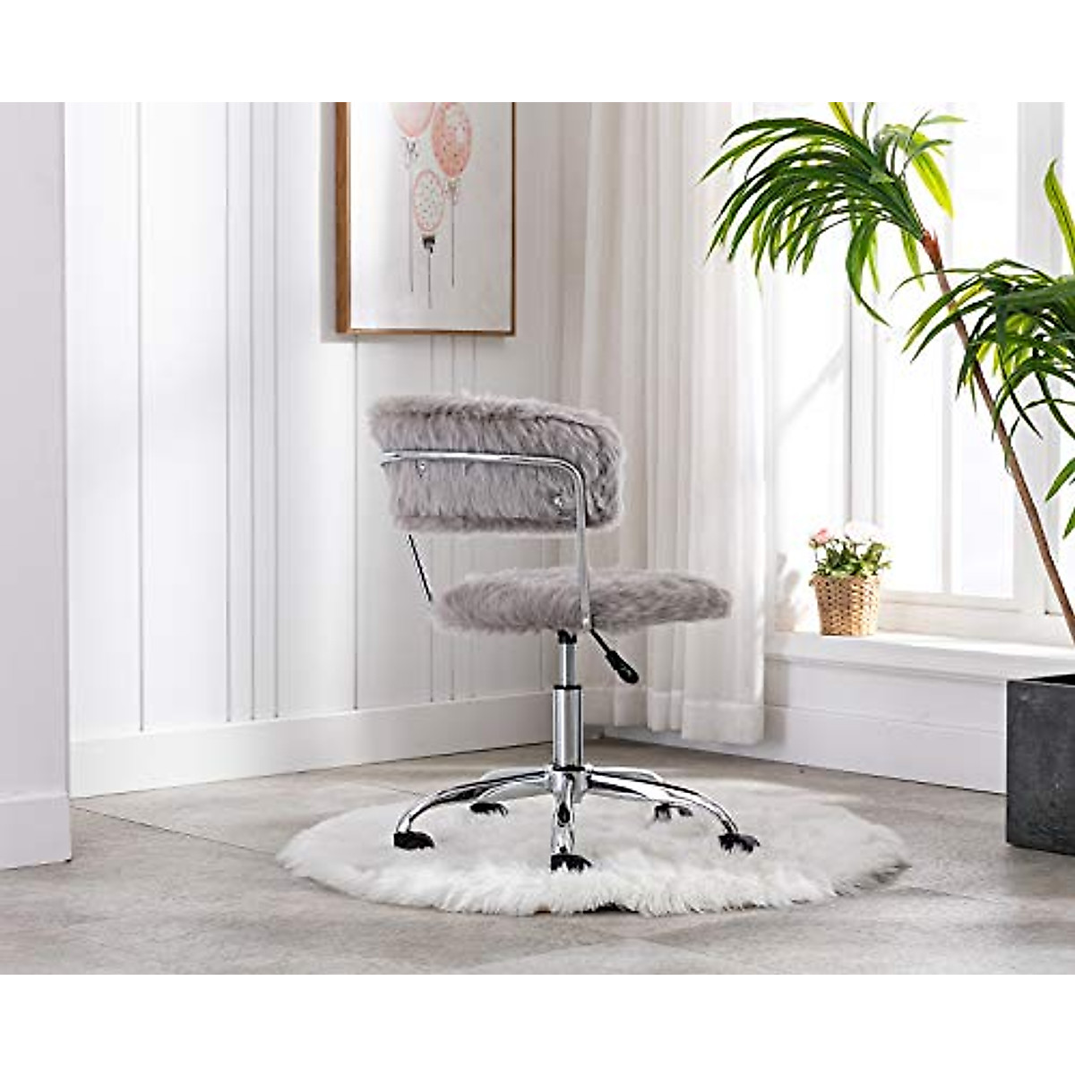 Kmax Fuzzy Office Desk Chair Faux Fur Kids Armless Rolling Task Chair Comfy Vanity Chair for Bedroom, Grey