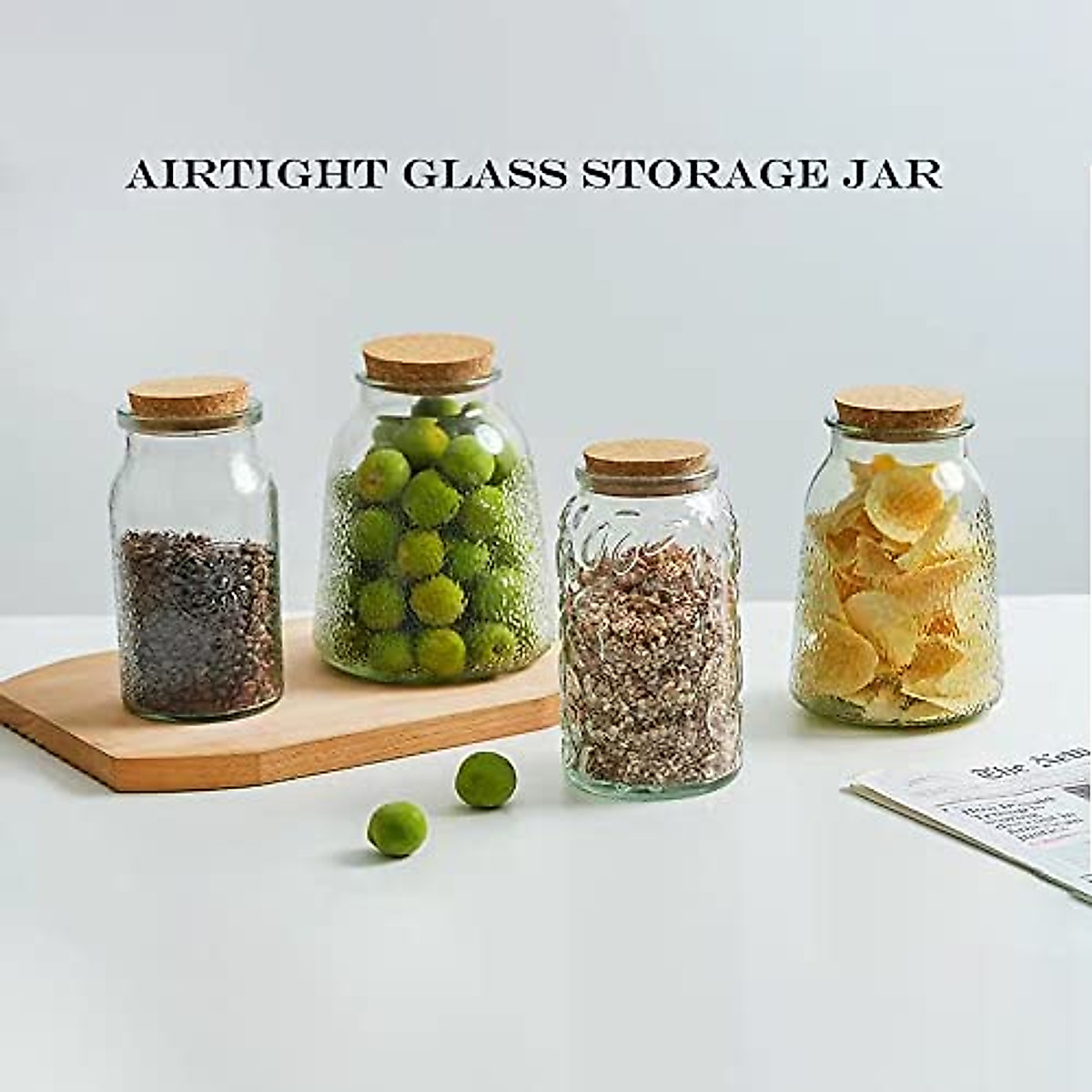 Piscepio Canister Glass Jars with Cork Lids Set of 3 in 38oz, 41oz & 56oz, Embossed wooden Stopper Glass Containers, Retro Design Decorative Kitchen Counter, Pantry Jars for Candy Cookie Food Storage