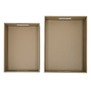 2-Pack Wooden Nesting Serving Tray Set with Stitched Faux Leather Skin and 2 Handles, Slip-Resistant Breakfast Service Tray in 2 Sizes (13.8x9.9x2.3 and 15.8x12x2.5 in, Taupe)