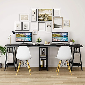 Tribesigns Two Person Desk, 94.5 Inch Double Computer Desk with Storage Shelves, Large Gaming Desk Studying Writing Workstation for Home Office, Black