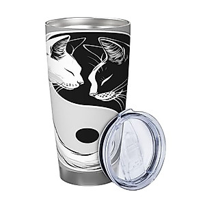 AYCZN Tai Chi Cat 20 OZ Tumbler Stainless Steel Travel Coffee Mug, Black White Cat Insulated Water Bottle with Lid and Straws Leakproof Thermal Cup