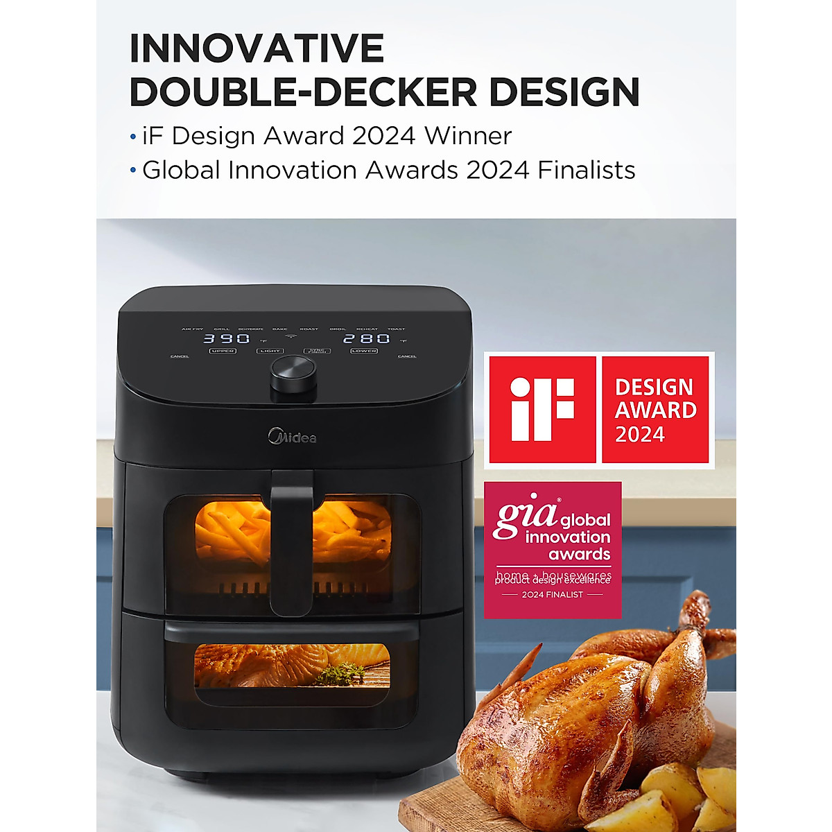 Midea Dual Basket Air Fryer Oven 11 Quart 8 in 1 Functions, Clear Window, Smart Sync Finish, Works with Alexa, Wi-Fi Connectivity, 50+ App Recipes for family meals, Bake, Roast, Grill, Broil, Toast