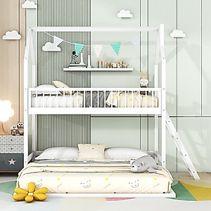 HABUHOME Twin Over Twin House Bunk Bed with Extending Trundle and Ladder, Wooden Bunk Bed Frame for Kids Teens Girls Boys - White