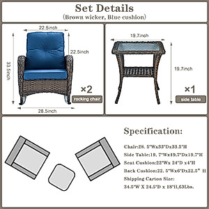 Belord Wicker Porch Rocking Chairs - 3 Pieces Patio Bistro Set High Back Outdoor Rocker Chairs Set with Side Table for Deck Balcony Brown
