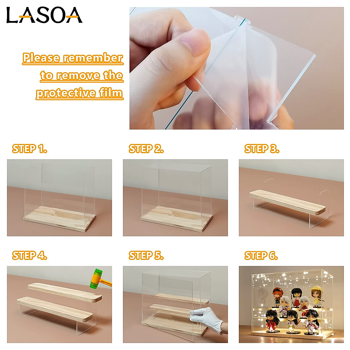 LASOA 4 Tier Acrylic Display Case for Collectibles, Alternative Glass Display Box with Wood Base and Lid, Self-Assembly Clear Shelf Showcase for Figurine Memorabilia (11.8x8.9x11inch; 30x22.5x28cm)