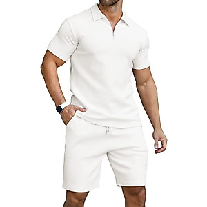 KUYIGO Men's Polo Shirt and Shorts Set Summer White Beach Outfits for Men2 Piece Tracksuit White 3XL
