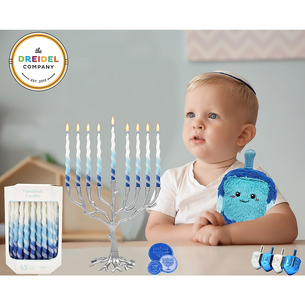 The Dreidel Company Deluxe Twisted Blue & White Hanukkah Menorah Candles for All 8 Nights of Chanukah (Single)