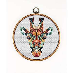 Mandala Giraffe CS206 - Counted Cross Stitch KIT#2. Set of Threads, Needles, AIDA Fabric, Needle Threader, Embroidery Clippers and Printed Color Pattern Inside.
