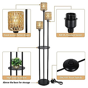 Stepeak Boho Floor Lamp, 3-Lights Rattan Floor Lamp with Shelves, Farmhouse Floor Lamp with ON/OFF Foot Switch, Rustic Standing Lamp with Rattan Shades, Tall Floor Lamps for Living Room Bedroom Office