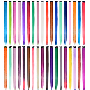 EuTengHao 36 Packs Colored Clip in Hair Extensions 22'' Colorful Straight Hair Extensions Clip in for Women and Kids Multi-Colors Party Highlights Streak Synthetic Hairpieces (36 Colors Set)