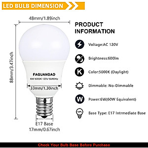 FAGUANGAO E17 Intermediate Base LED G14 Bulbs, 6W 60W Equivalent, 5000K Daylight, 600LM,Globe Light Bulbs for Ceiling Fan, Chandelier Lighting, Not Dimmable, Pack of 4