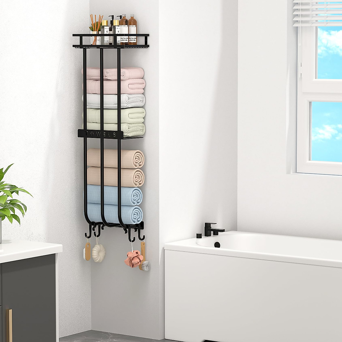 Wall Towel Rack for Rolled Towels, 3 Bars Towel Rack Wall Mounted with Metal Top Floating Shelf & 4 Hooks, Towel Holder for Bathroom Folded Large Towels, Blanket Towel Storage Shelves Organizer, Black