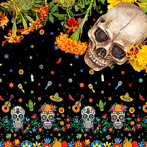 3 Pieces Day of The Dead Plastic Tablecloth Dia De Los Muertos Sugar Skull Floral Table Cloth Disposable Rectangle Table Cover for Halloween Mexican Fiesta Birthday Coco Party Supplies, 54 x 108 Inch