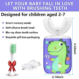 Kids Electric Toothbrushes Dinosaur U Shaped Rechargeable Ultrasonic Automatic Toothbrush for Toddler with Replacement Brush Heads 6 Cleaning Modes IPX7 Waterproof 360° Oral Care 45S Timer (Age 2-7)