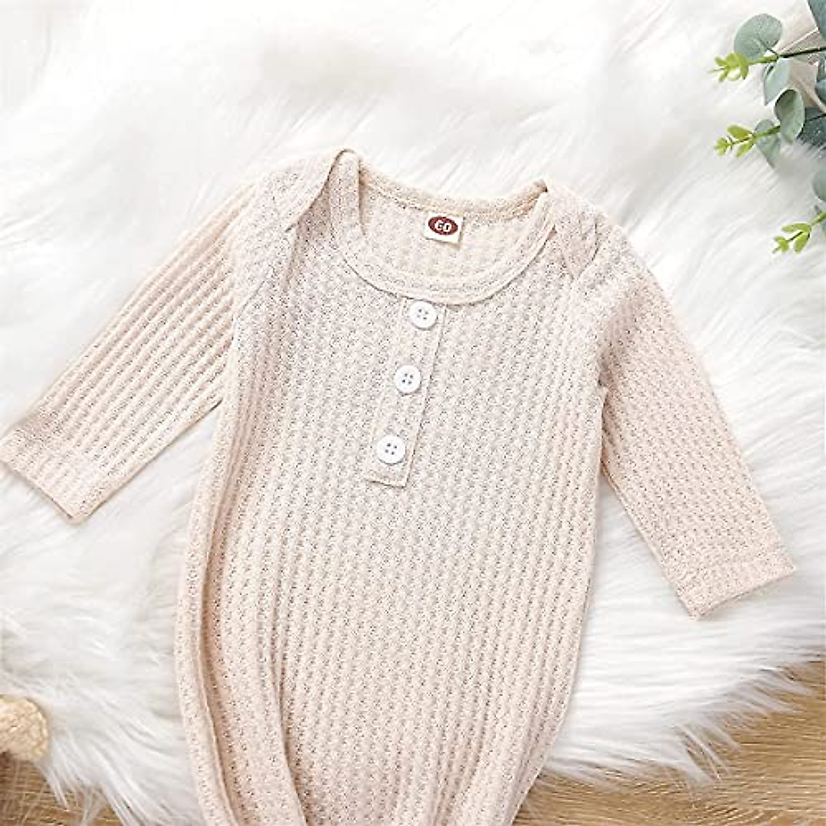 Twopumpkin Baby Girl Boy Coming Home Knotted Gown Unisex Newborn Infant Sleep Onesie Outfit Cute Baby Winter Pajamas (A Waffle Knit Cream,0-3 Months)