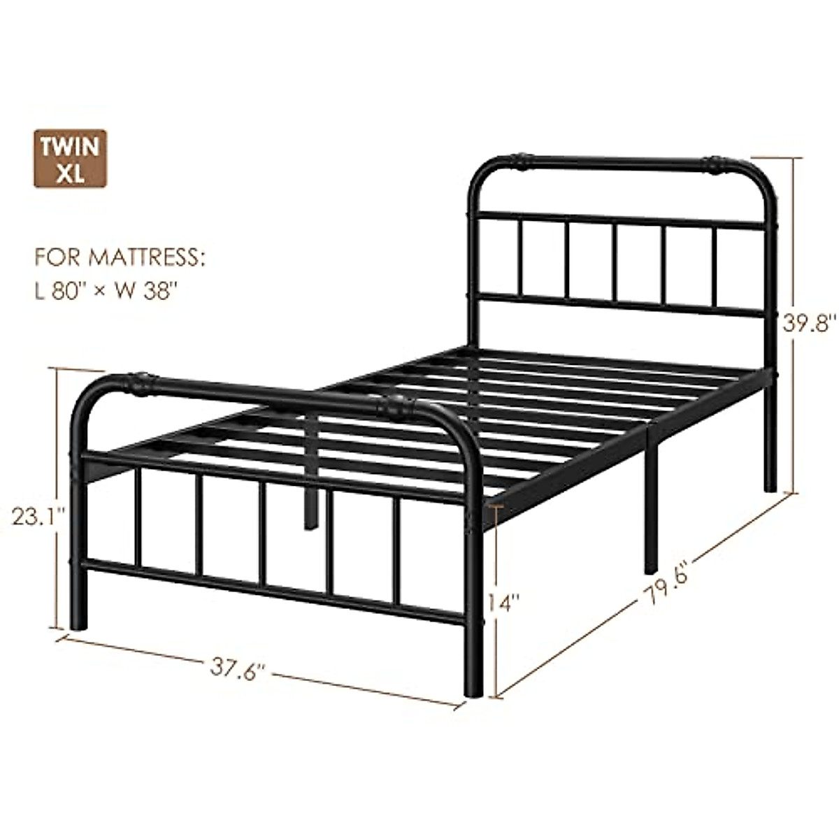 FSCHOS Twin-XL-Bed-Frames-with-Headboard & Footboard, 14 Inch High, Metal Platform XL-Twin-Bed-Frame, Premium Steel Heavy Duty Bed Frame No Box Spring Needed, Easy Assembly, Black