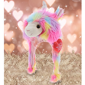 DolliBu I Love You Valentine Plush Rainbow Llamacorn Hat - Cute Stuffed Animal with Red Heart and Name Personalization Gift