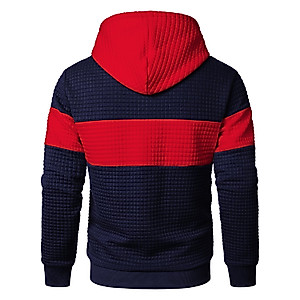 Qichic Mens Casual Pullover Hoodies Long Sleeve Hooded Sweatshirts Navy Red XL