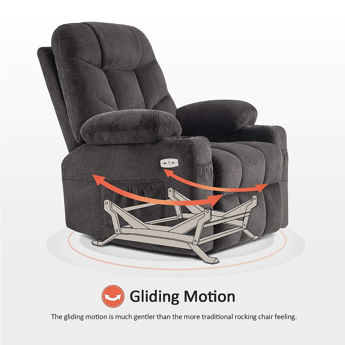 MCombo Manual Glider Rocker Recliner Chair with Cup Holders for Nursery, USB Ports, 2 Side & Front Pockets, Plush Fabric 8002 (Grey Fabric)