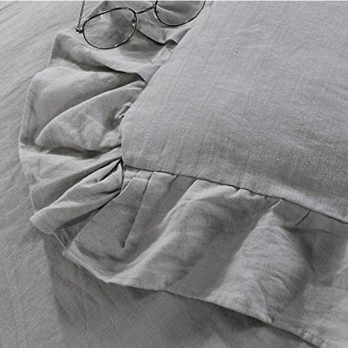 meadow park 100% Stone Washed French Linen Duvet Cover Set 3 Pieces, Full/Queen 90 inches x 92 inches, Shams 20 inches x 26 inches, Ruffled Style, Button Closure, Corner Ties, Super Soft, Grey Color