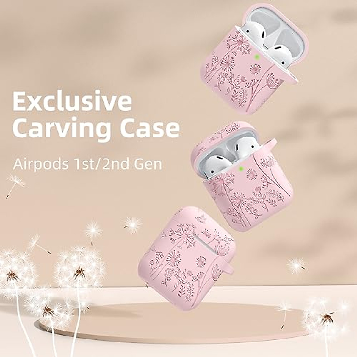 Lerobo Flower Engraved Case for AirPods Case Cover, Stylish Soft Silicone Protector with Keychain, Compatible with Apple AirPods 1st/2nd Generation Charging Case, Front LED Visible, Pink
