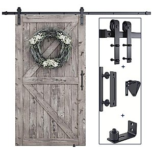 8ft Heavy Duty Sliding Barn Door Hardware Kit(J Shape) + Barn Door Bottom Adjustable Floor Guide Roller + 12" Pull and Flush Barn Door Handle + Barn Door Large Size Latch Lock