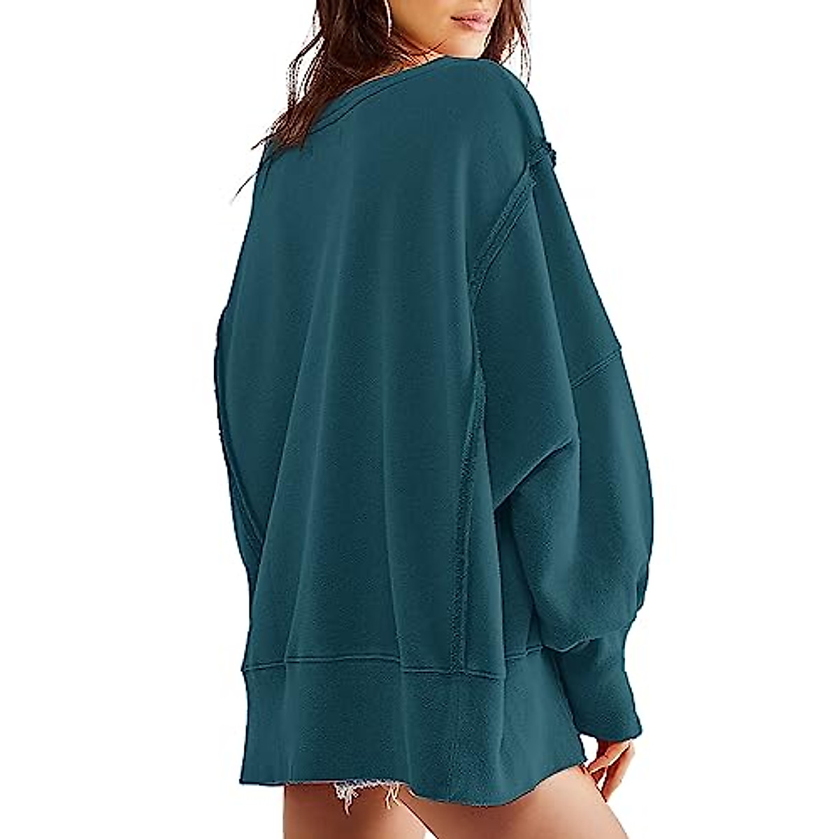 Beaully Womens Oversized Crewneck Sweatshirt Side Slit Long Sleeve Winter Clothes 2023 Outfits Pullovers Top 6088 Dark Blue Medium