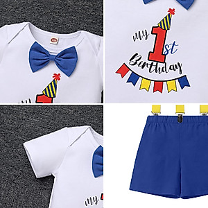 1st First Birthday Outfit Baby Boy Cake Smash One Year Old Party Newborn Toddler Bow Tie Short Sleeve Romper Shorts Pants Y-back Suspenders 3PCS Clothes Set Photo Shoot Royal Blue+Red 12-18 Months