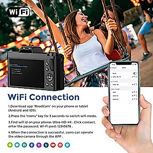 4K Digital Camera FHD 48MP Video Camera 16X Digital Zoom WiFi Vlogging Camera with Flash Light 3.7" Screen Compact Camera for Social Media 32GB SD Card 2 Batteries Wide Angle Lens Macro Lens