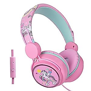 FLOKYU Unicorn Kids Headphones with Microphone, 85dB Cute Wired Headphones for Kids Girls Boys School Christmas (Pink)
