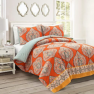 Lush Decor Harley Reversible Cotton Duvet Cover Set, 3 Piece Set, Full/ Queen, Tangerine - Boho Bedding Set - Orange Duvet Cover - Bold & Colorful Paisley Duvet Cover - Maximalist & Boho Bedroom Decor