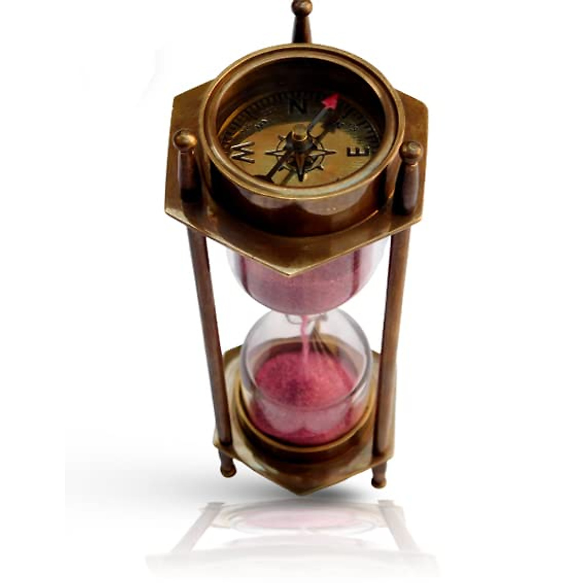 MERIDIAN NAUTICALS 6" Hand Made Solid Brass Decorative Sand Timer 3 min Hour Glass with Fully Functional Compasses