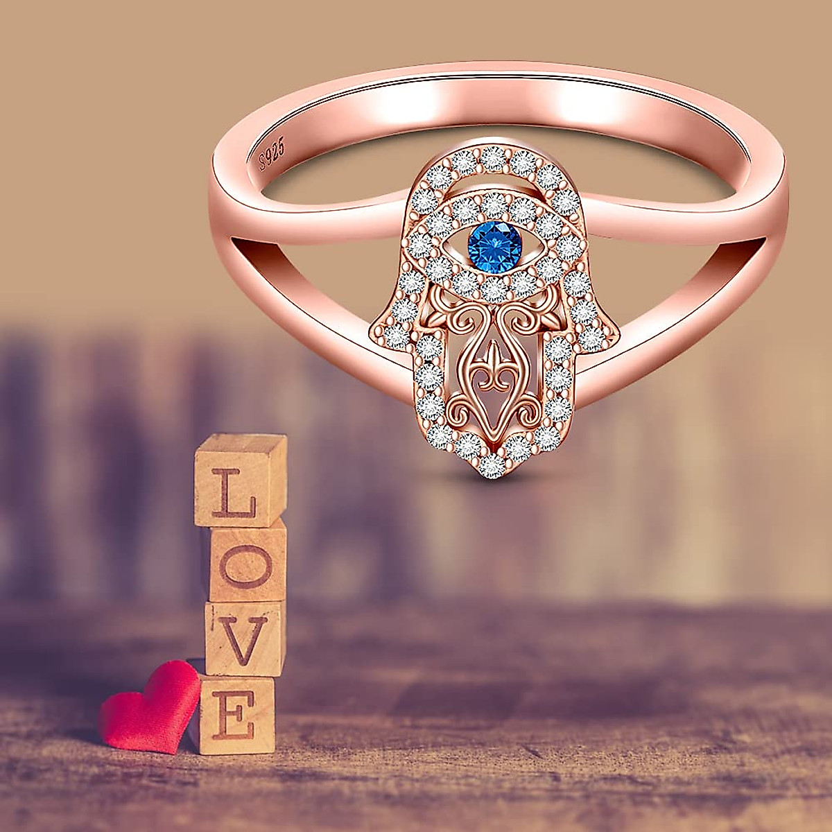 Evil Eye Hamsa Ring Hand of Fatima Rings for Women 925 Sterling Silver Protection Good Luck Spiritual Rose Gold Plated Blue Third Eye Jewelry Dainty Christmas Gifts Size 7